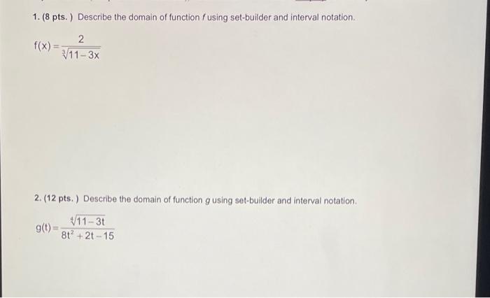 Solved 1. (8 pts. ) Describe the domain of function f using | Chegg.com
