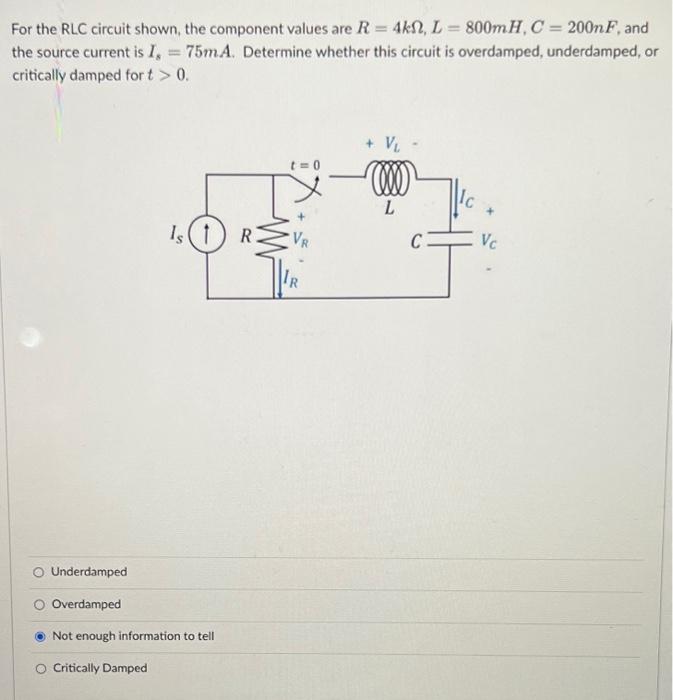 Solved For the RLC circuit shown, the component values are | Chegg.com