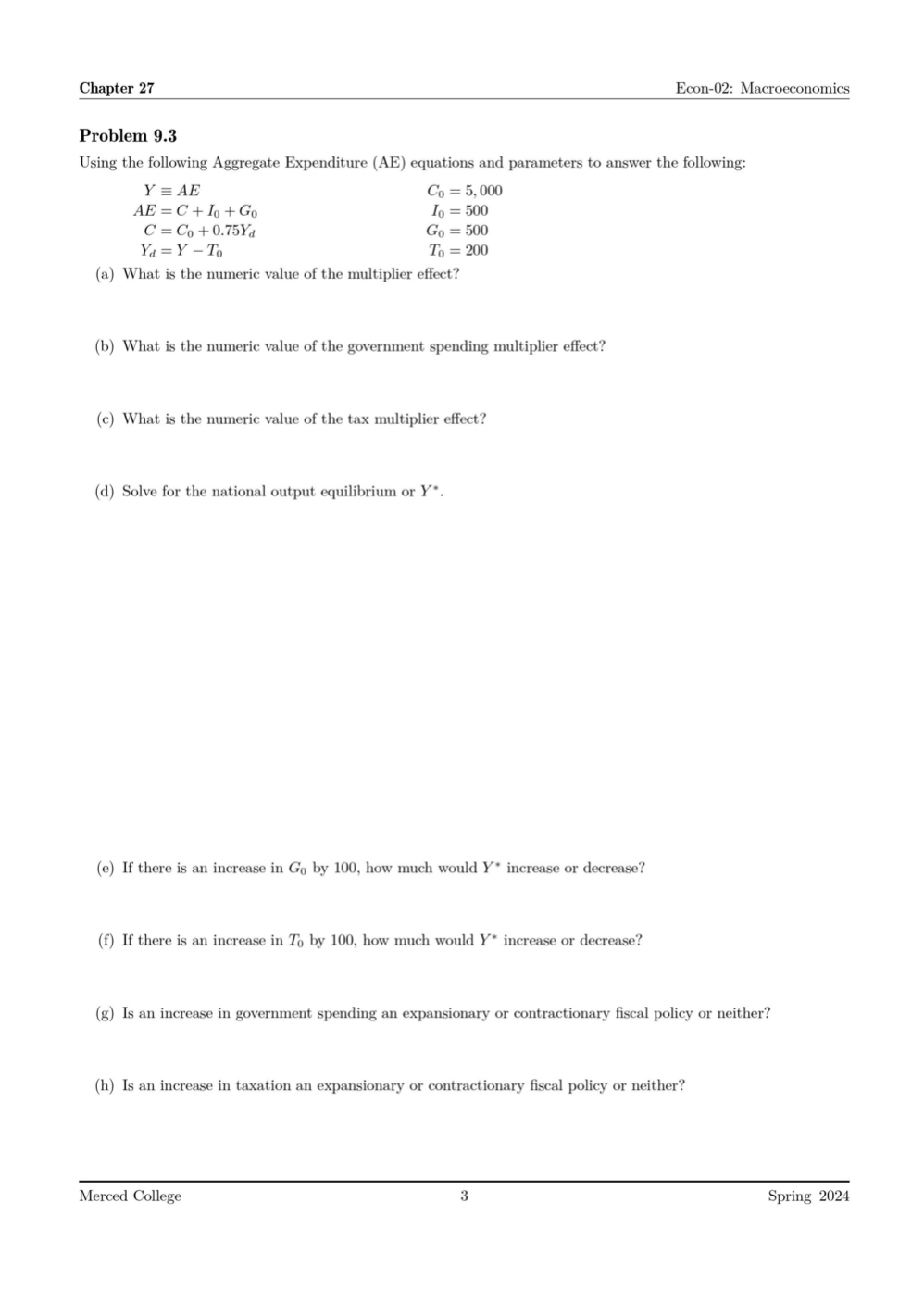Solved Problem 9 3using The Following Aggregate Expenditure