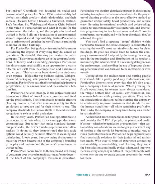 Solved Portion Pac Chemicals was founded on social and | Chegg.com