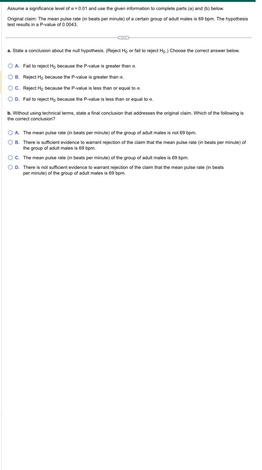 Solved Assume a significance level of α=0.01 ﻿and use the | Chegg.com