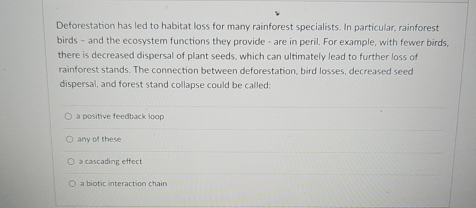 Solved Deforestation has led to habitat loss for many | Chegg.com