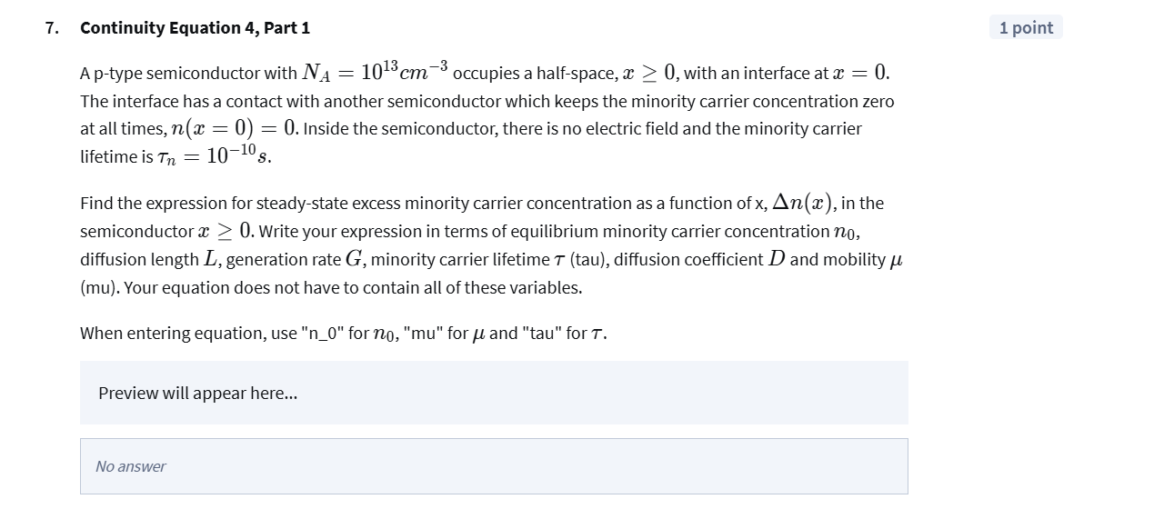 Solved Continuity Equation 4, ﻿Part 1 A p-type semiconductor | Chegg.com