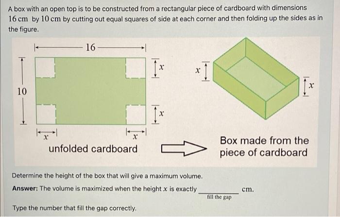 Solved A box with an open top is to be constructed from a | Chegg.com
