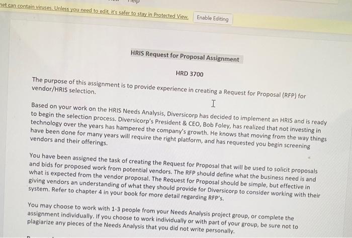 Solved HRIS Request for Proposal Assignment HRD 3700 The | Chegg.com