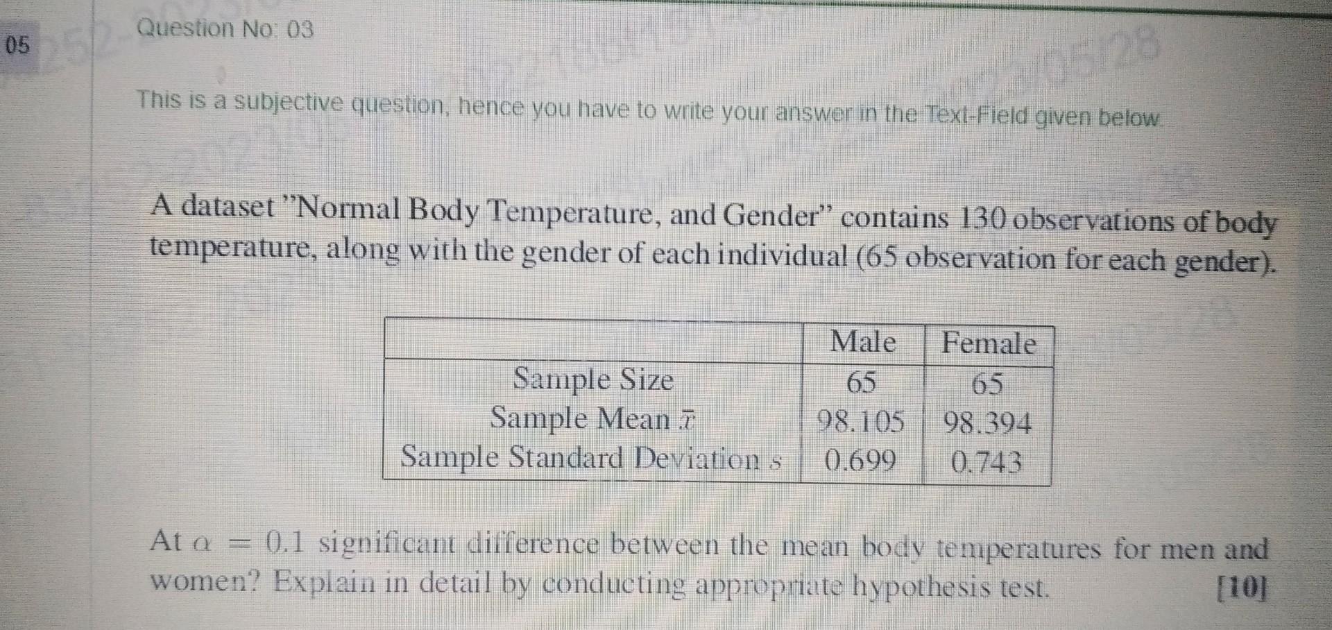 Solved A dataset "Normal Body Temperature, and Gender" | Chegg.com