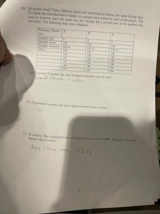 Solved 11. [16 points total] Three different paints are | Chegg.com