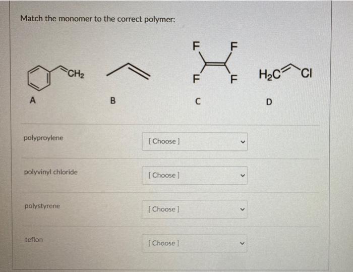 Solved Match the monomer to the correct polymer: F F CH2 F | Chegg.com