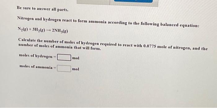 Solved Nitrogen and hydrogen react to form ammonia according | Chegg.com