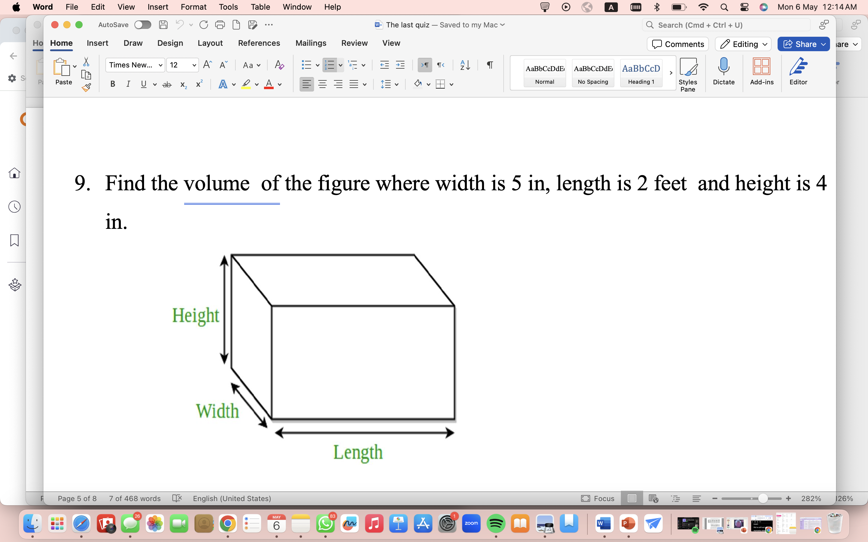Solved Find the volume of the figure where width is 5in, | Chegg.com