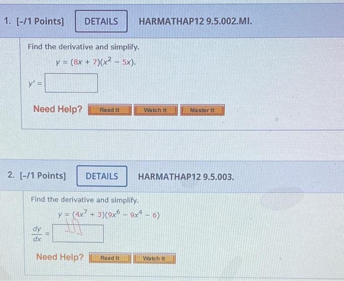 Solved HARMATHAP 129.5.002.MI. Find the derivative and | Chegg.com