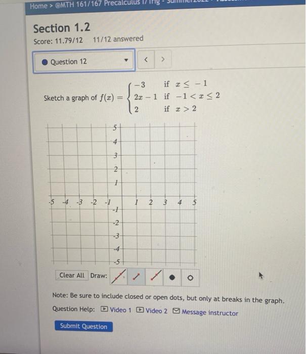 Solved Home > @MTH 161/167 Precalculus Section 1.2 Score: | Chegg.com