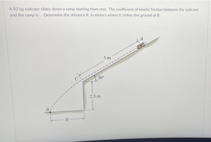 Solved A 50 kg suitcase slides down a ramp starting from | Chegg.com