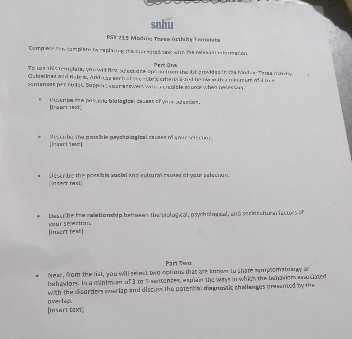 Solved PSY 215 Module Three Activity Template Complete this | Chegg.com