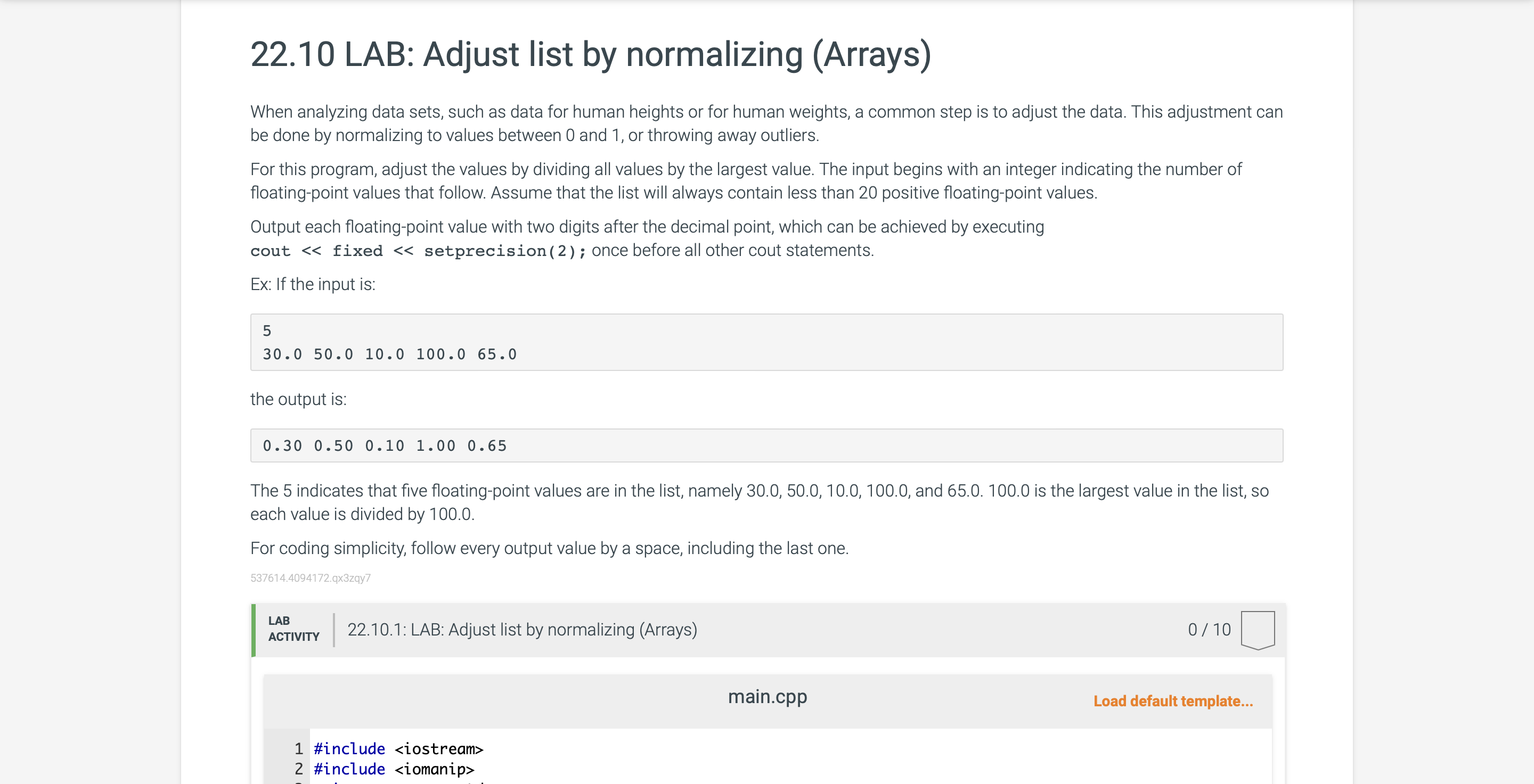 Solved 22.10 ﻿LAB: Adjust list by normalizing (Arrays)When | Chegg.com