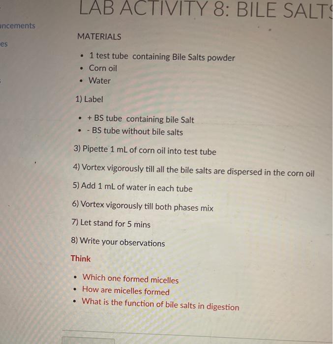 Solved LAB ACTIVITY 8: BILE SALT incements MATERIALS es • 1 | Chegg.com