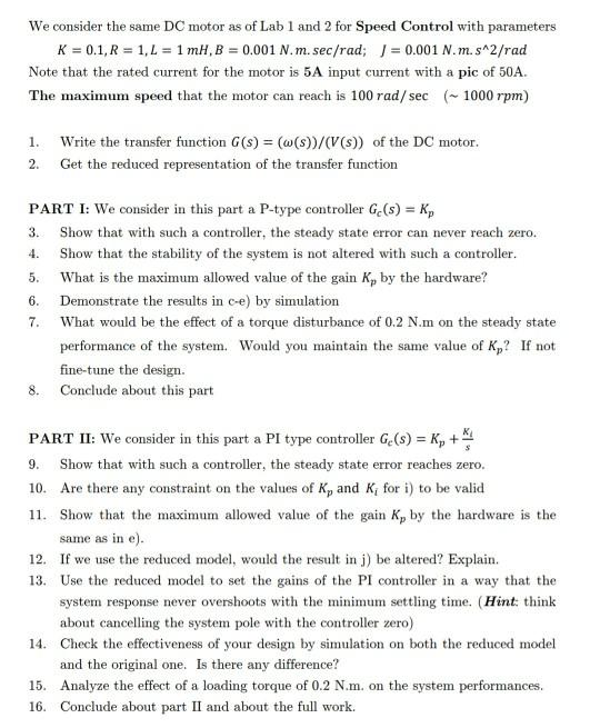 Solved We consider in this part a PI type controller | Chegg.com