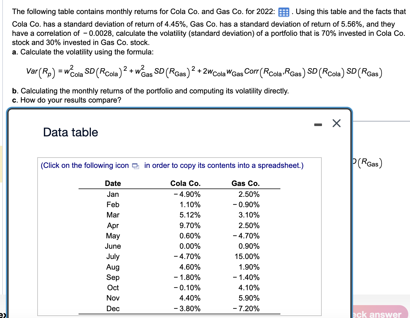 Solved The following table contains monthly returns for Cola | Chegg.com