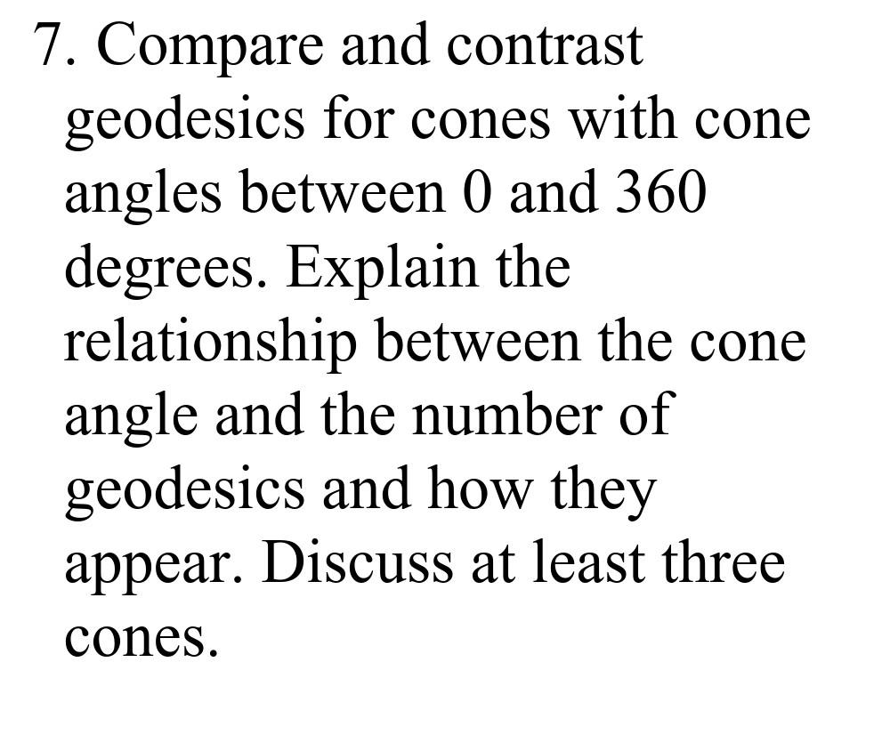 Solved 7. Compare and contrast geodesics for cones with cone | Chegg.com