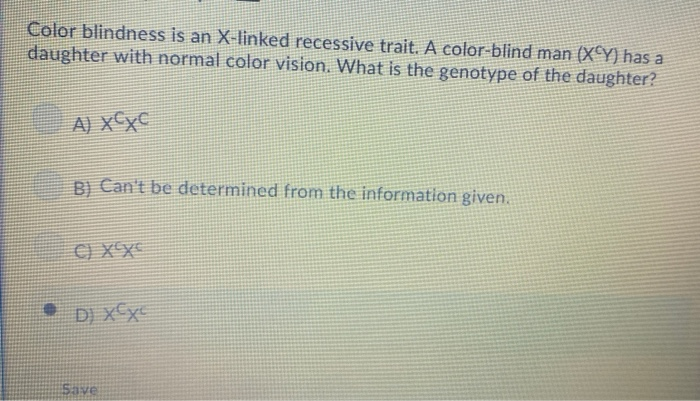 Solved Color blindness is an X-linked recessive trait. A | Chegg.com