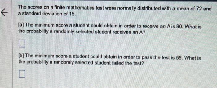 Solved The scores on a finite mathematics test were normally | Chegg.com