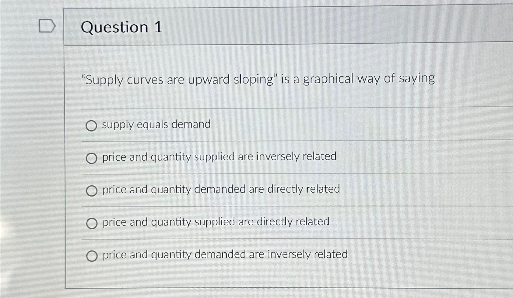 Solved Question 1"Supply curves are upward sloping" is a | Chegg.com