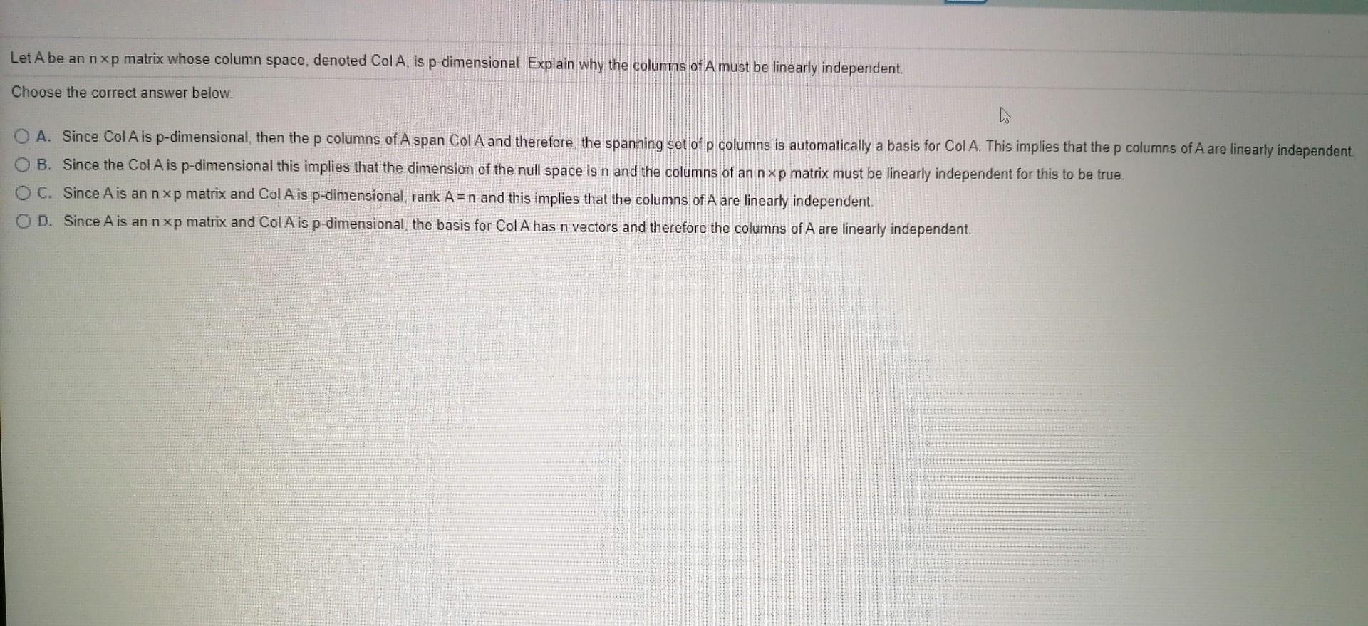 Solved Let A be an nxp matrix whose column space, denoted | Chegg.com
