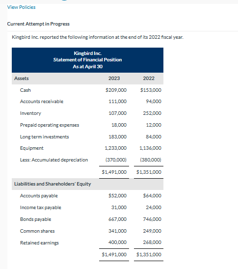 Solved View Policies Current Attempt in Progress Kingbird | Chegg.com