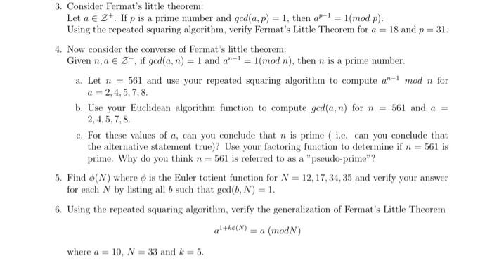 Solved 3. Consider Fermat's little theorem: Let a∈Z+. If p | Chegg.com