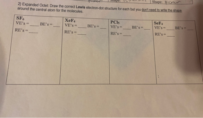 Solved Shape: planur 2) Expanded Octet: Draw the correct | Chegg.com