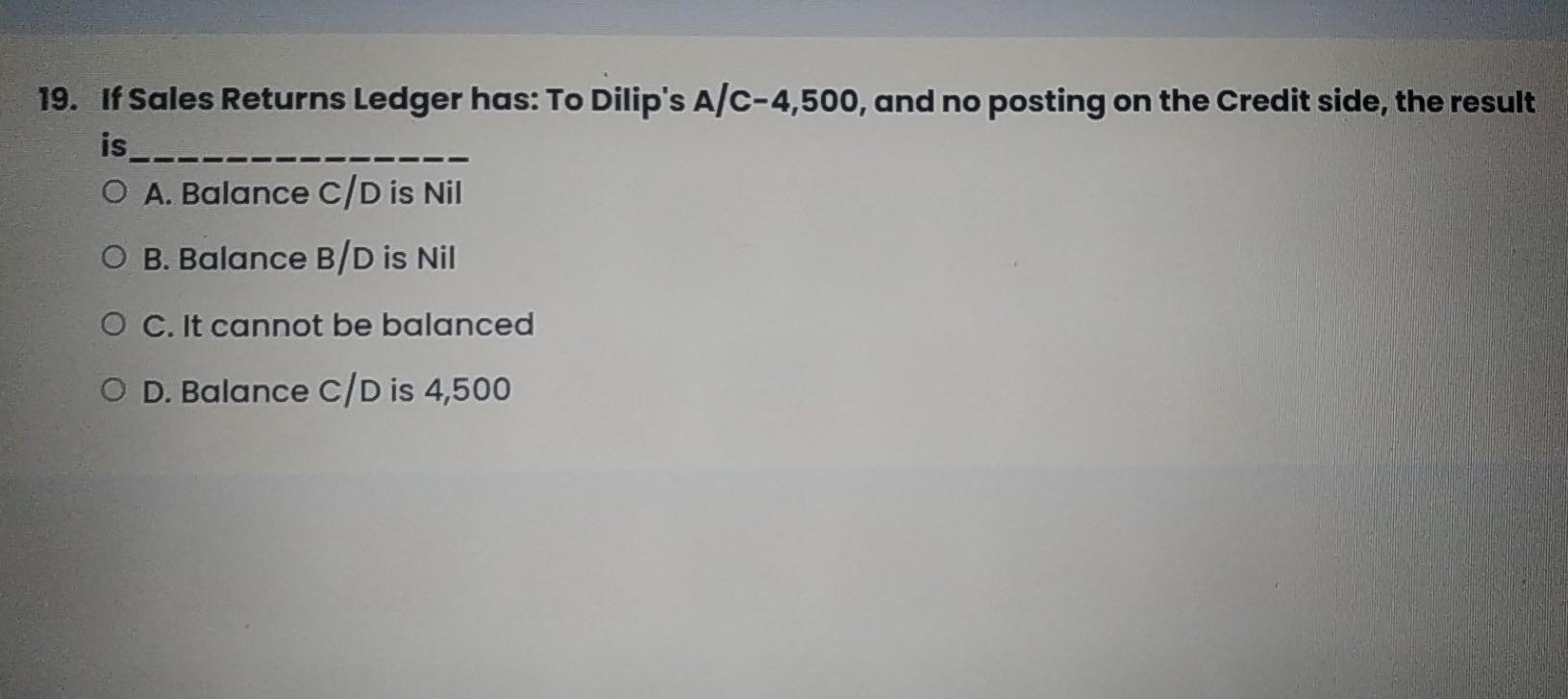 Solved 19. If Sales Returns Ledger has: To Dilip's | Chegg.com