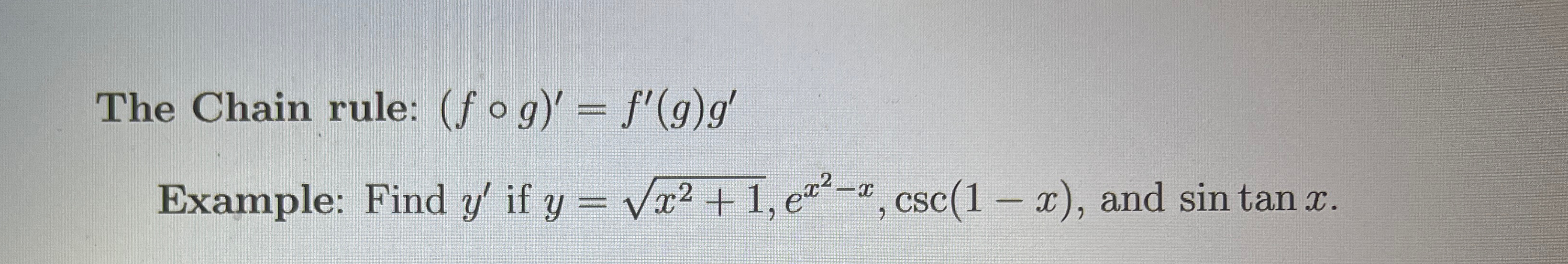 Solved The Chain rule: (f@g)'=f'(g)g'Example: Find y' ﻿if | Chegg.com