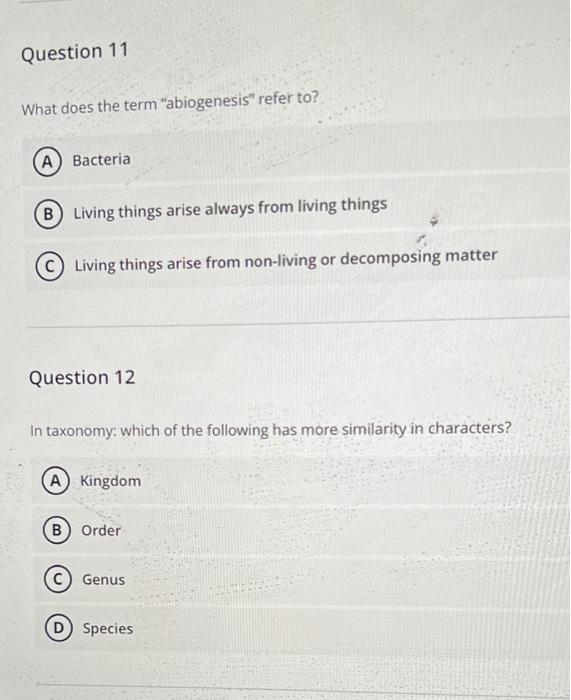 Solved What does the term "abiogenesis" refer to? Bacteria | Chegg.com