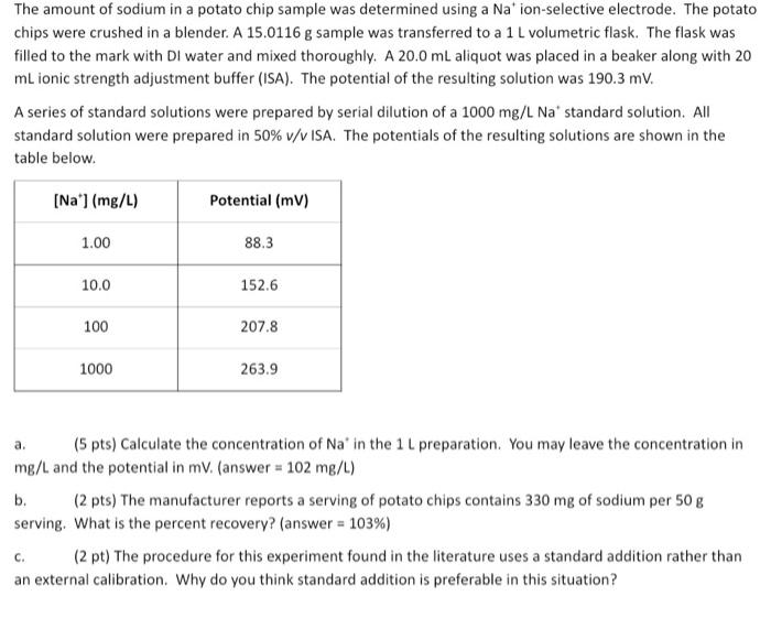 Solved The amount of sodium in a potato chip sample was | Chegg.com