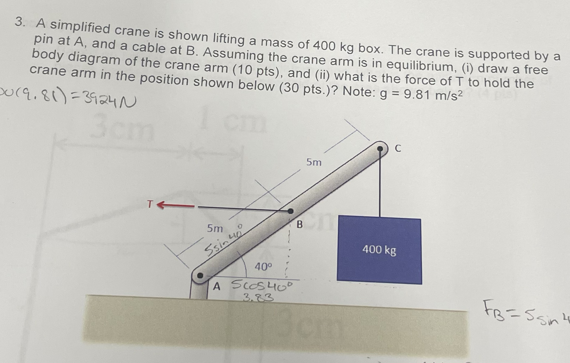 Solved by an EXPERT A simplified crane is shown lifting a mass of 400 ...