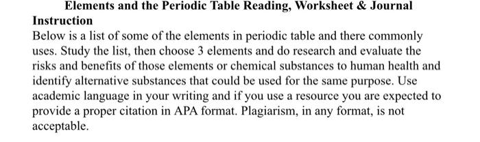 Solved Elements and the Periodic Table Reading, Worksheet & | Chegg.com