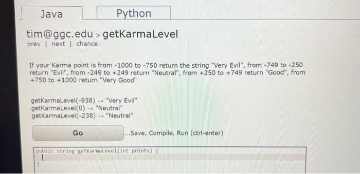 Solved tim@ggc.edu > getKarmaLevel prev I next | chance If | Chegg.com