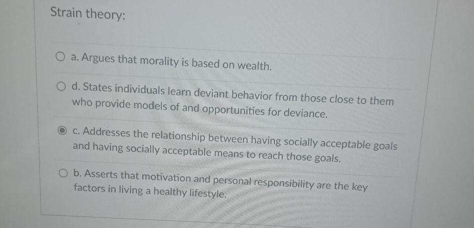 Solved Strain theory:a. ﻿Argues that morality is based on | Chegg.com