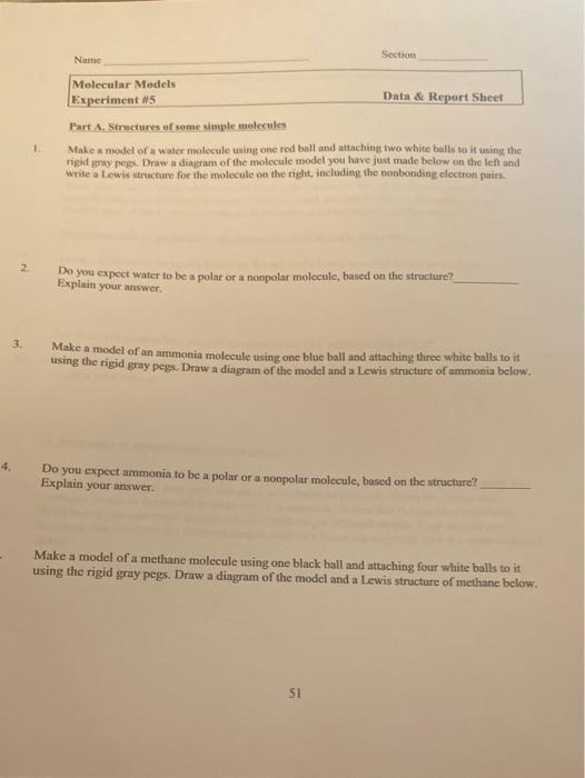 Solved Section Name Molecular Models Experiment #5 Data & | Chegg.com