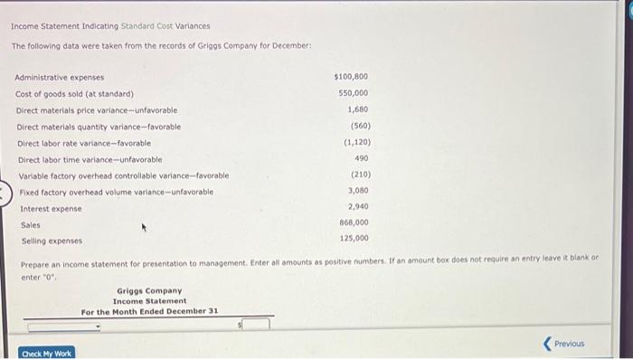Solved Income Statement indicating Standard Cost Variances | Chegg.com
