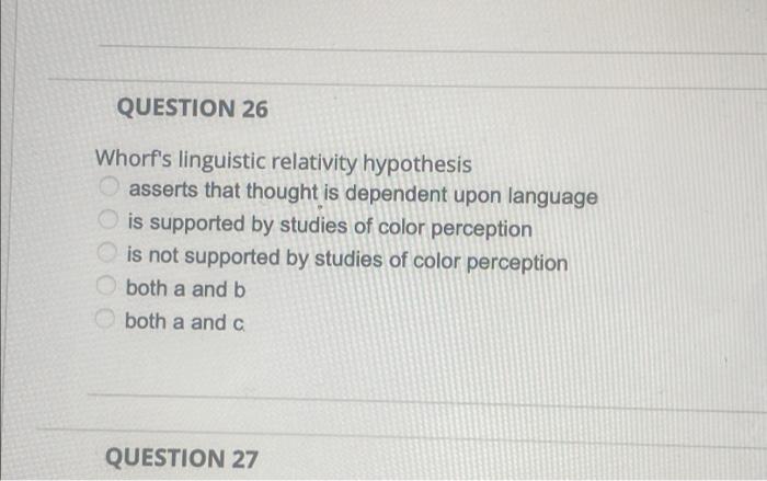 Solved QUESTION 26 Whorf's linguistic relativity hypothesis | Chegg.com