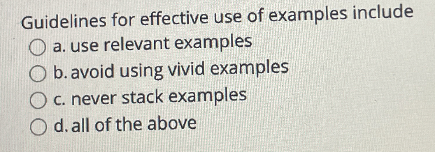 Solved Guidelines for effective use of examples includea. | Chegg.com