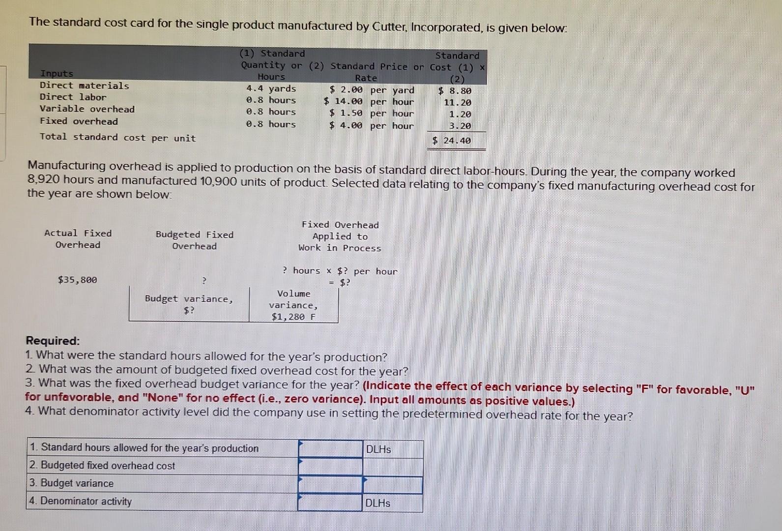 Solved The standard cost card for the single product | Chegg.com