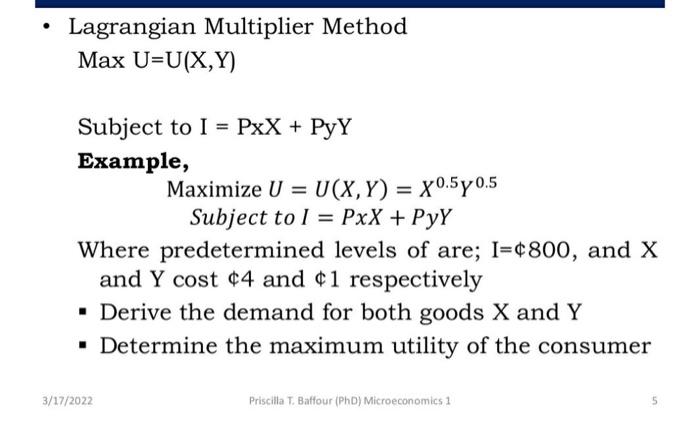 Solved . Lagrangian Multiplier Method Max U=U(X,Y) = Subject | Chegg.com