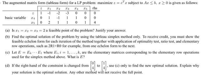 Solved The augmented matrix form (tableau form) for a LP | Chegg.com