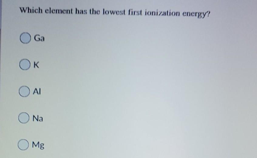 Solved Which element has the lowest first ionization energy? | Chegg.com