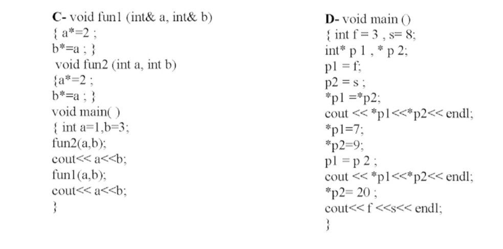 Solved C- void funl (int& a, int& b) {a*=2; b*=a;} void fun2 | Chegg.com