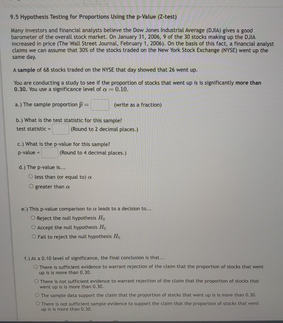 Solved 9.5 Hypothesis Testing for Proportions Using the | Chegg.com