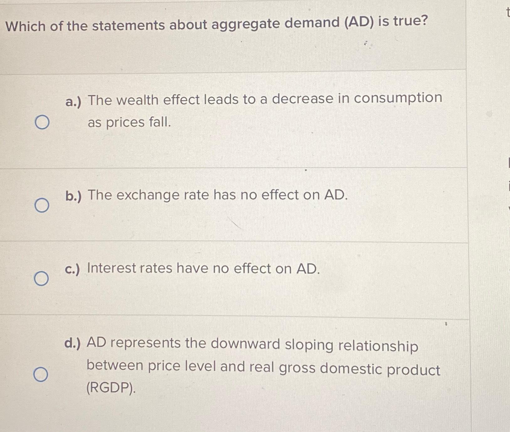 Solved Which of the statements about aggregate demand (AD) | Chegg.com