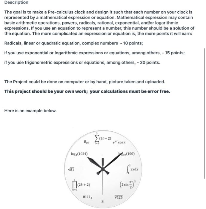 Solved Description The goal is to make a Pre-calculus clock | Chegg.com